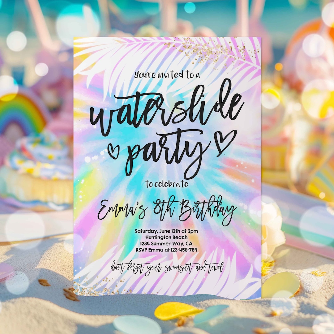 Editable Water Slide Birthday Party Invitation Girly Tie Dye Summer ...