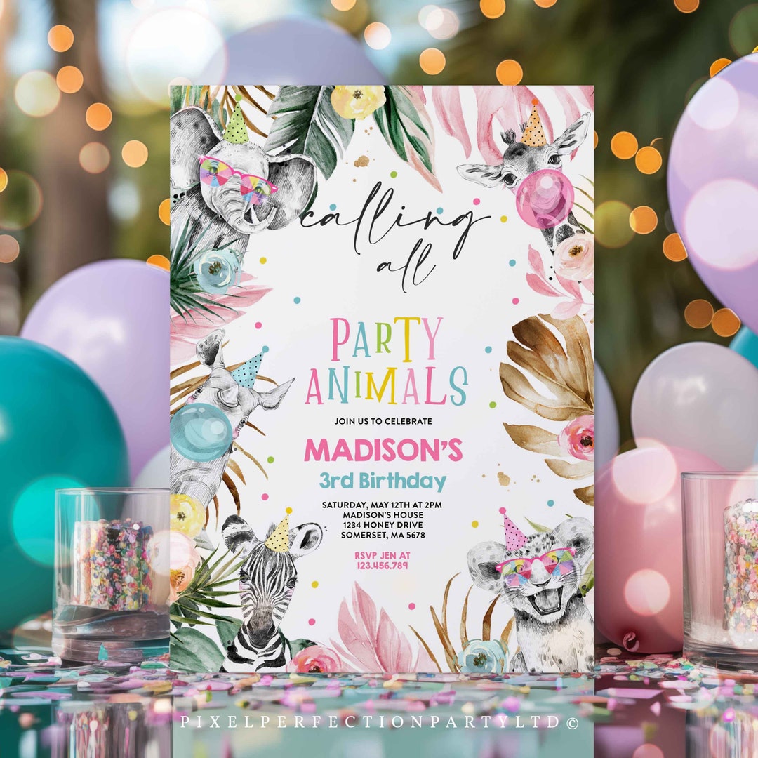 Editable Party Animals Birthday Invitation Safari Animals Birthday ...