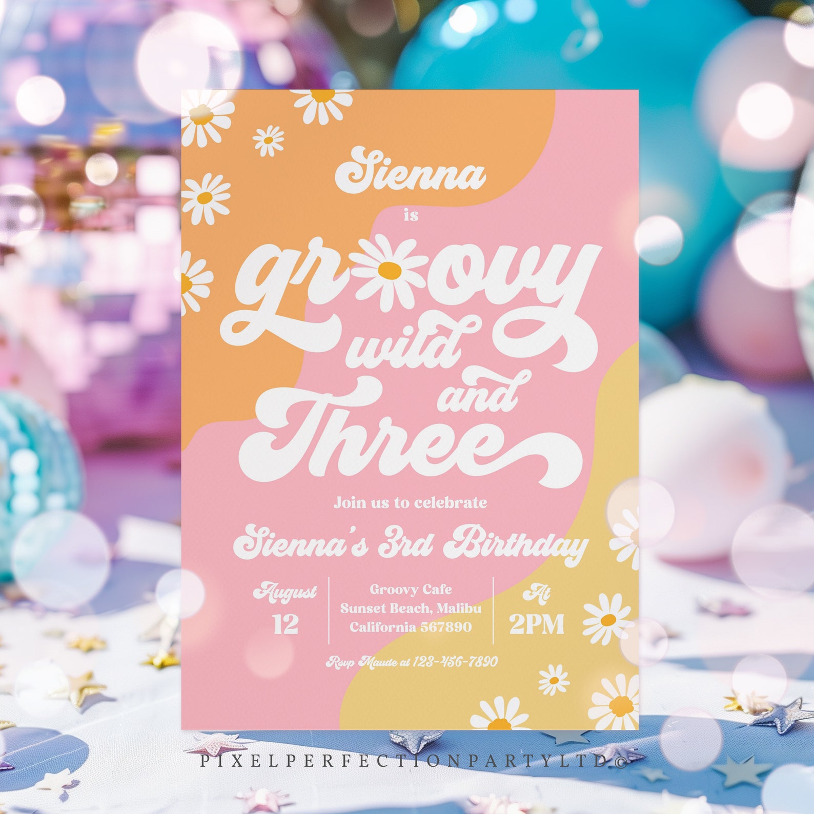 Editable Groovy Wild and Three 3rd Birthday Invitation Boho Daisy Wild ...