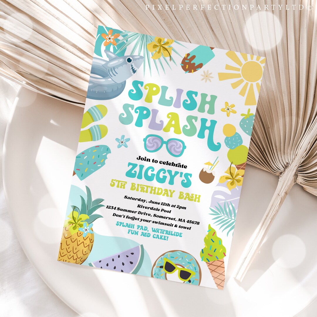 Editable Shark Splash Pad Birthday Party Invitation Shark Pool Float Pool Tropical Splish Splash ...