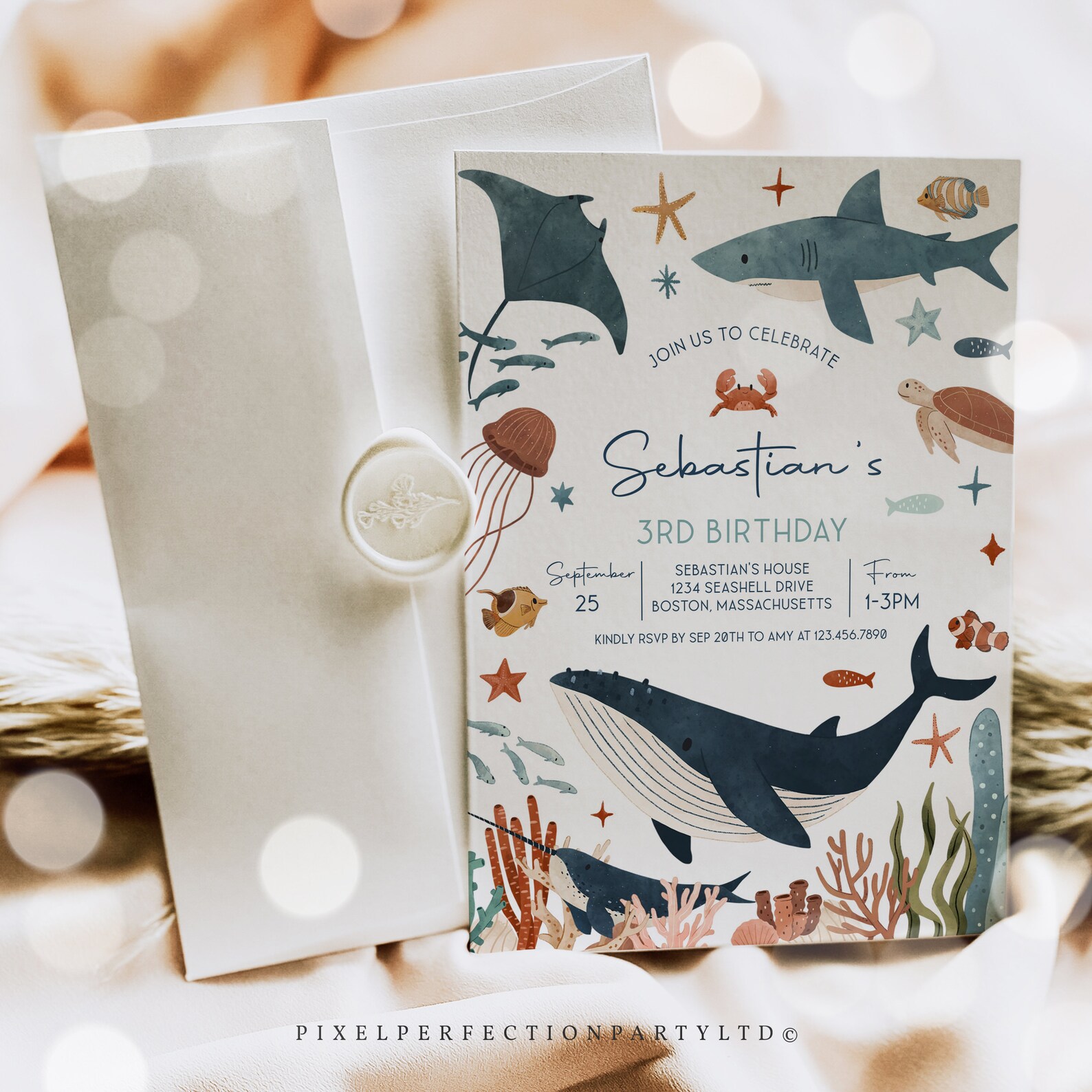 Editable Under the Sea 1st Birthday Party Invitation Whale Turtle Shark ...