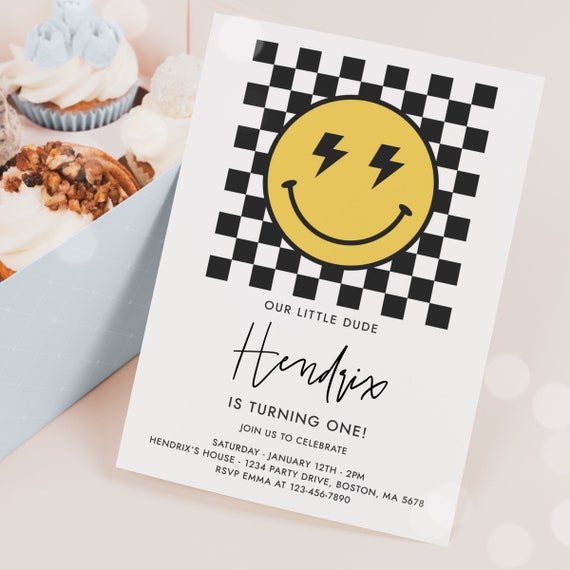 Editable Smiley Face 1st Birthday Invitation One Cool Dude 1st Birthday ...