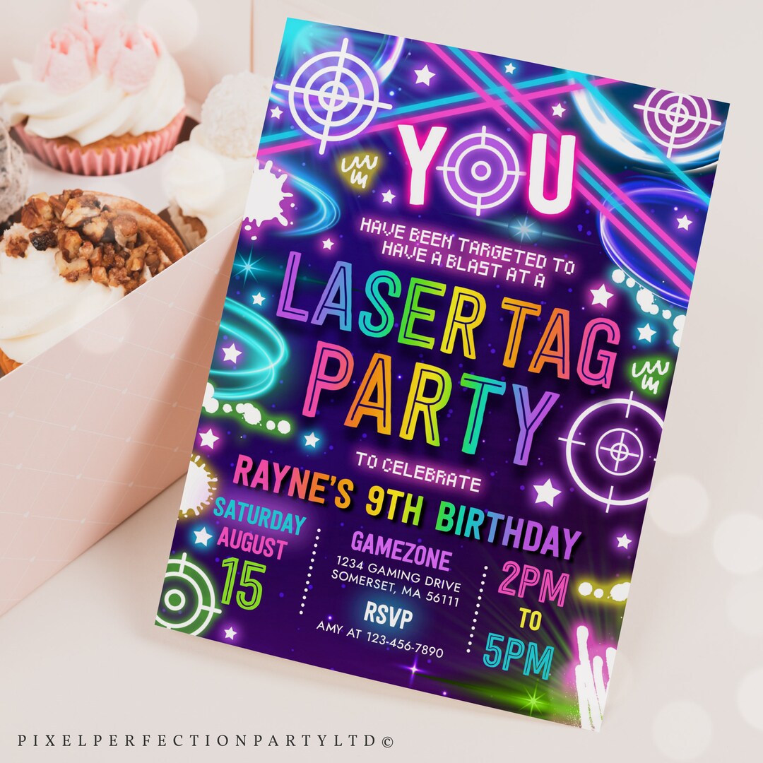 Editable Laser Tag Birthday Party Invitation Neon Glow Laser Tag ...
