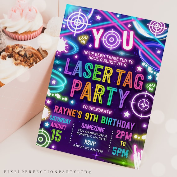 Editable Laser Tag Birthday Party Invitation Neon Glow Laser Tag ...