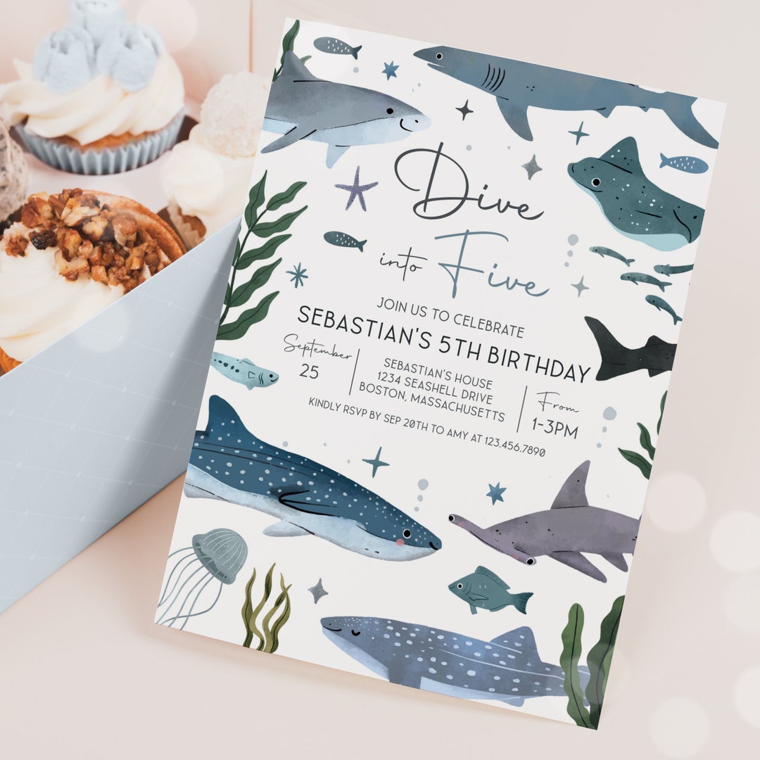 Editable Shark Dive Into Five 5th Birthday Party Invitation Shark Under ...