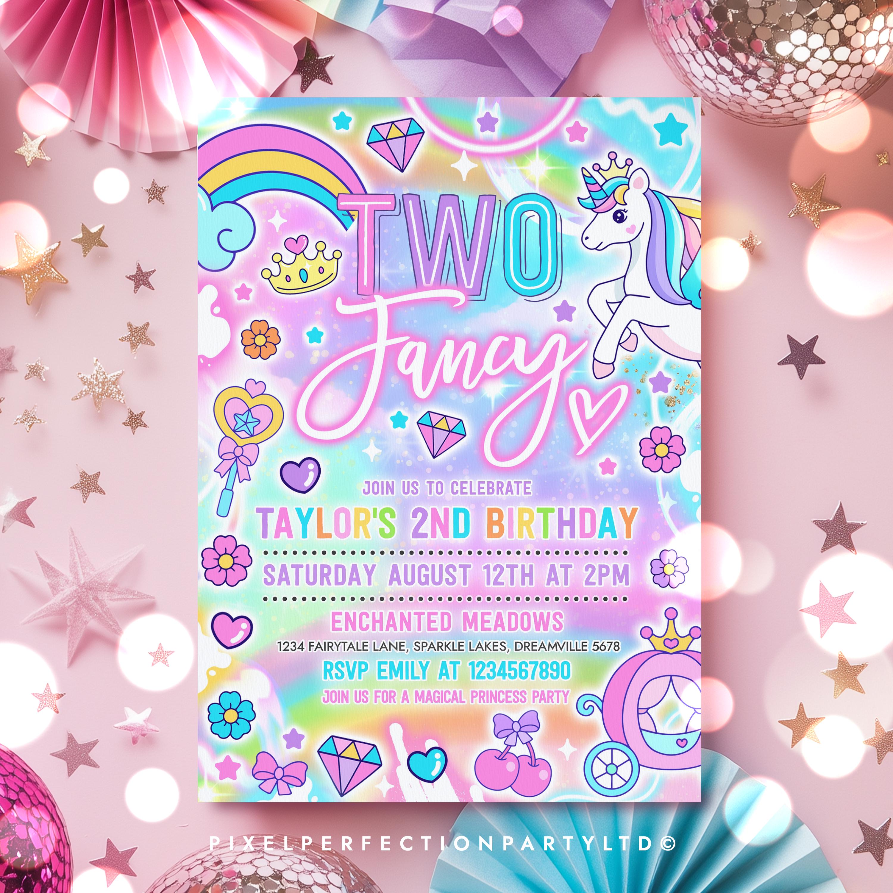 Editable Two Fancy Princess 2nd Birthday Party Invitation Neon Glow ...