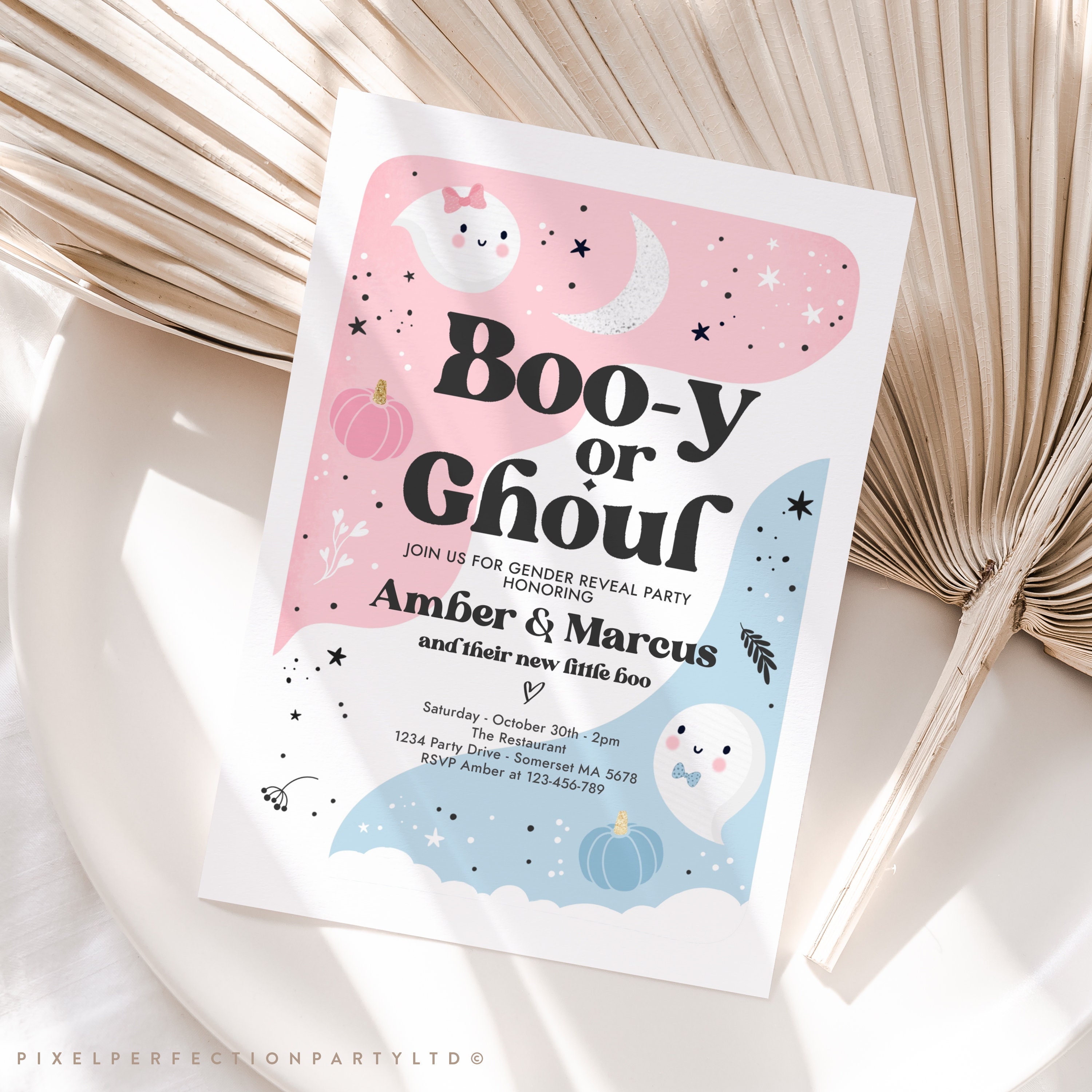 Editable Halloween Gender Reveal Invitation Little Boo Ghost Gender ...