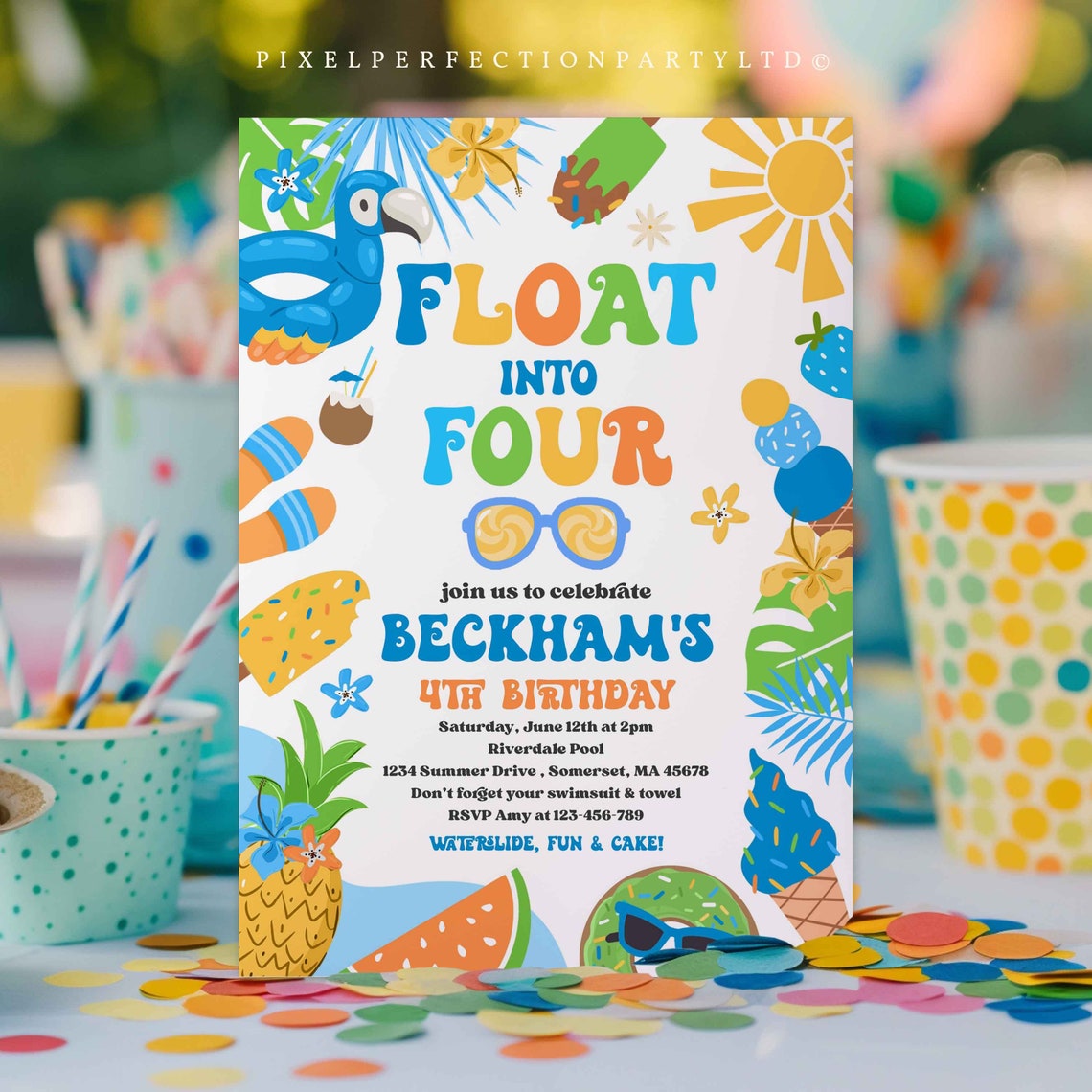 Editable Float Into Four 4th Birthday Pool Party Invitation Tropical ...