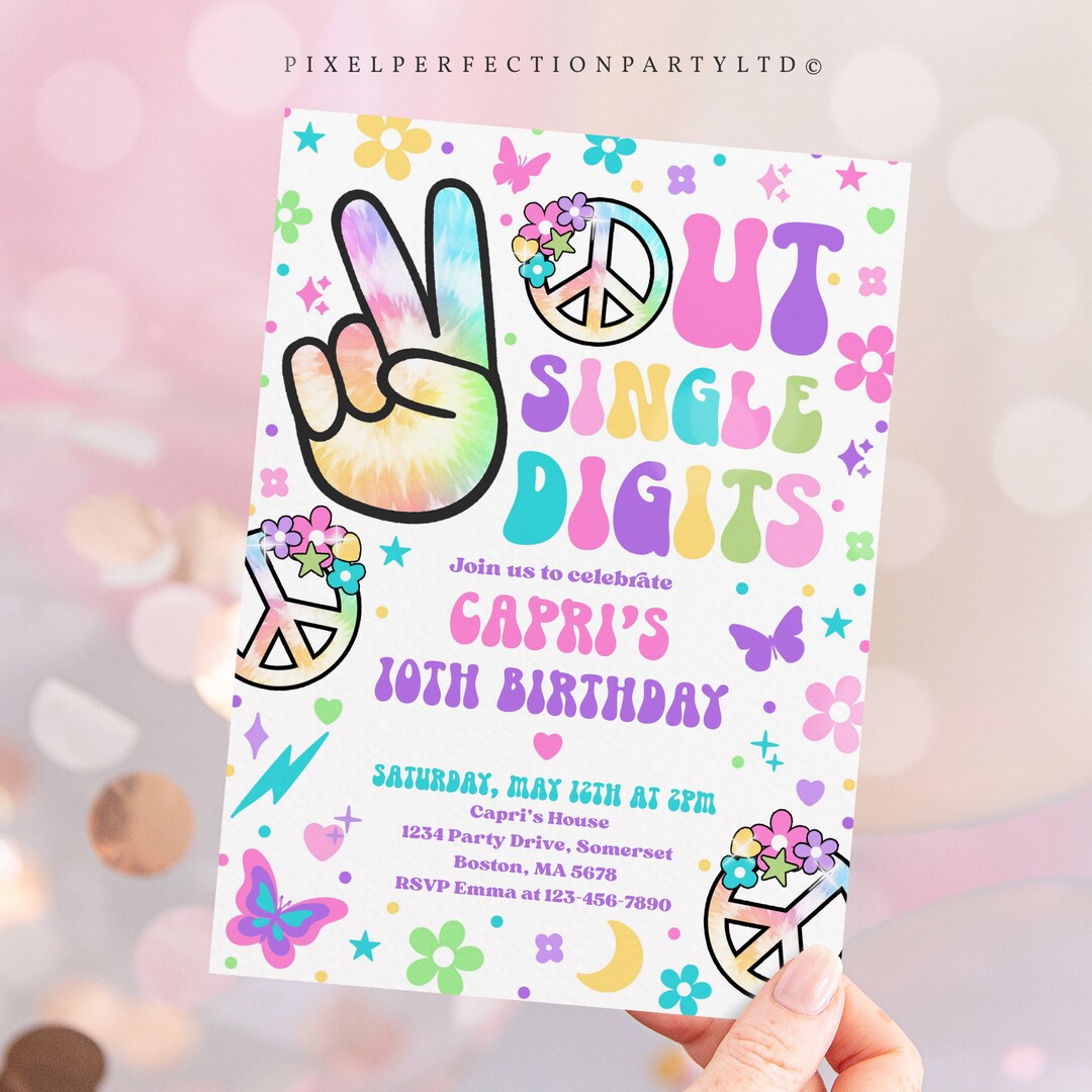 Editable Peace Out Single Digits Birthday Party Invitation Tie Dye ...