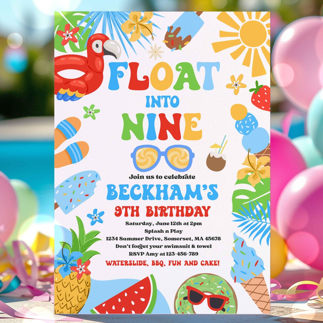Editable Float Into Nine 9th Birthday Pool Party Invitation Tropical ...