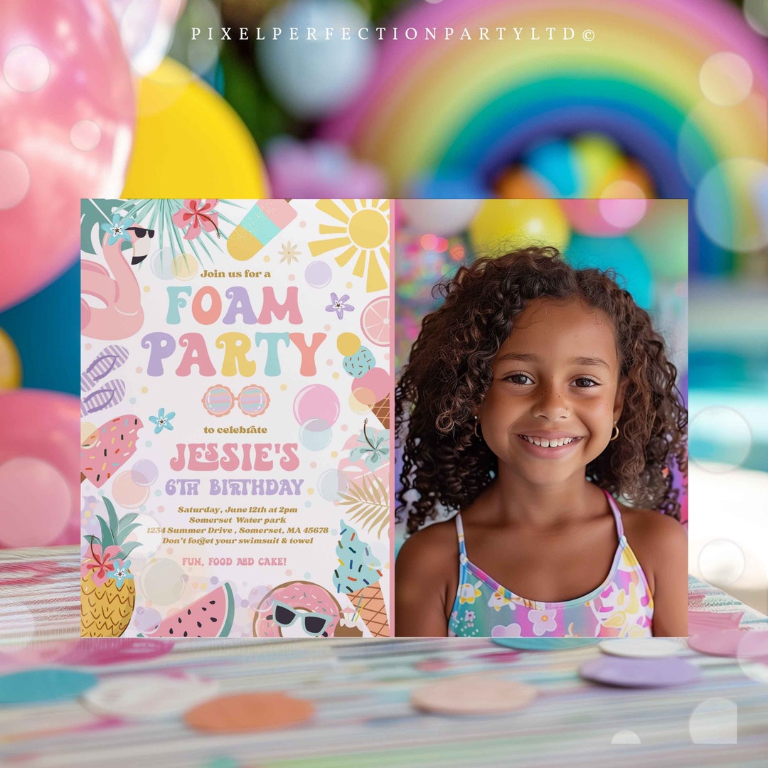 Editable Foam Birthday Party Invitation Tropical Pool Foam Girly Pool ...