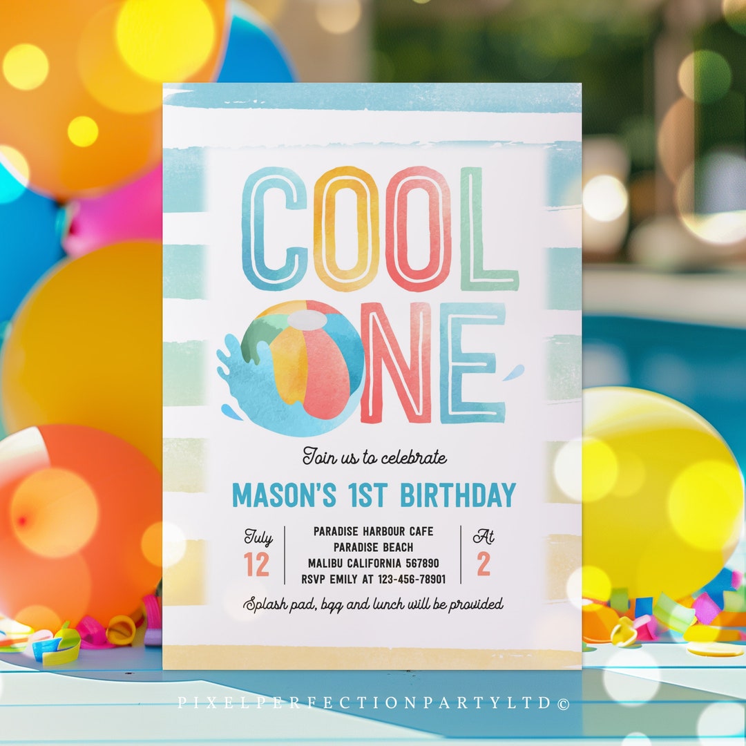 Editable Cool One 1st Birthday Party Invitation Beach Ball Summer ...
