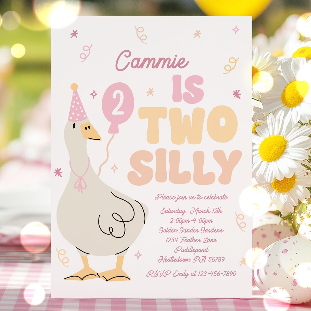 Editable Two Silly Goose Birthday Party Invitation Pink Goose Two Silly ...