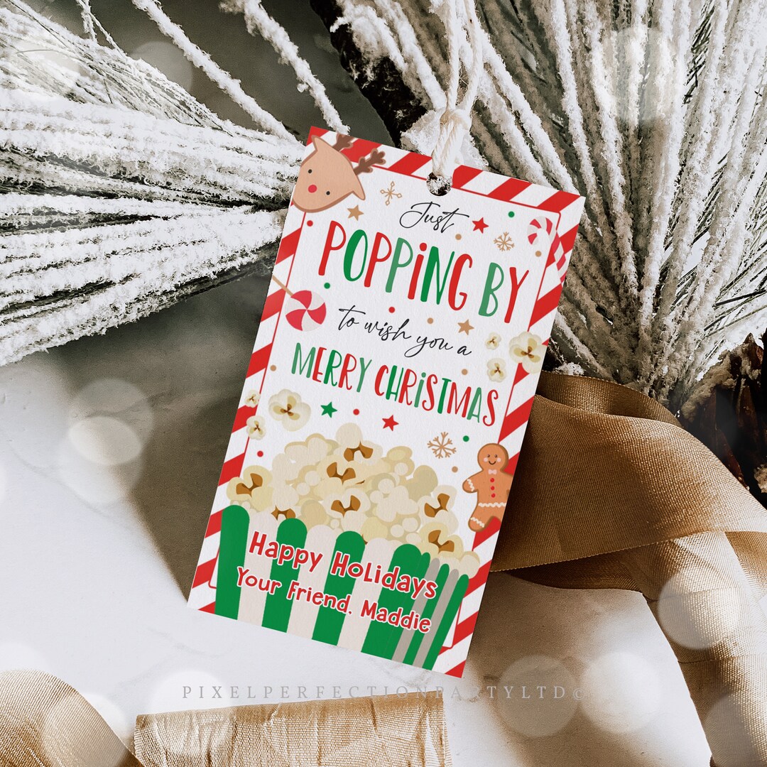 Editable Christmas Popcorn Gift Tag Just Popping by to Wish - Etsy