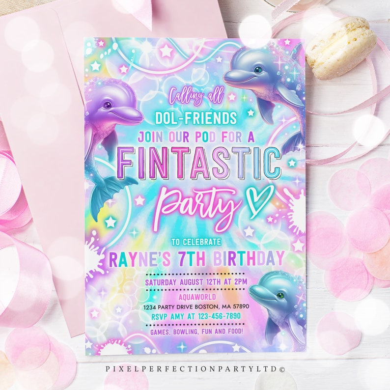 Editable Dolphin Birthday Party Invitation Tie Dye Neon Glow - Etsy