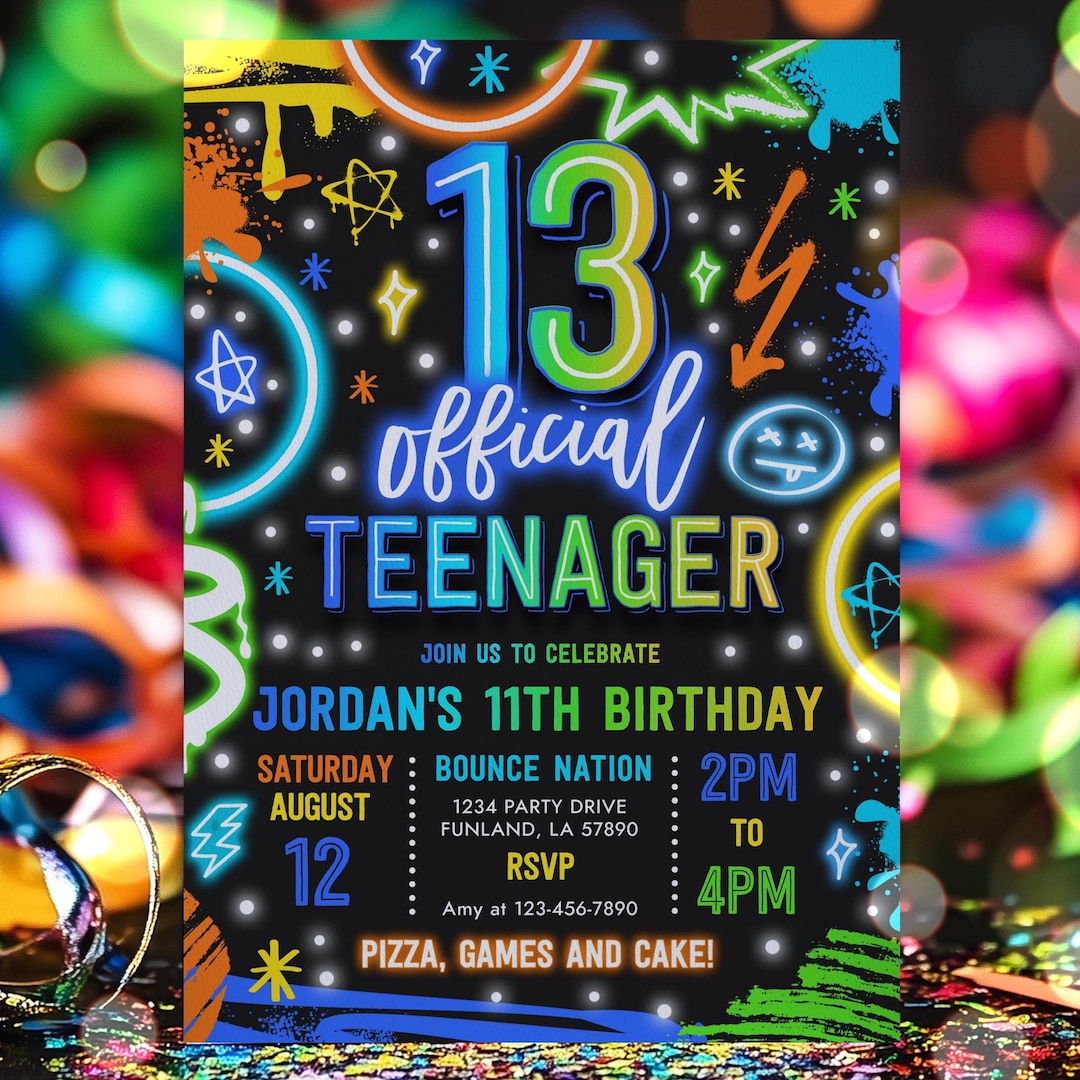 Editable 13th Birthday Invitation Boy Teenager 13th Birthday Teen Boy ...