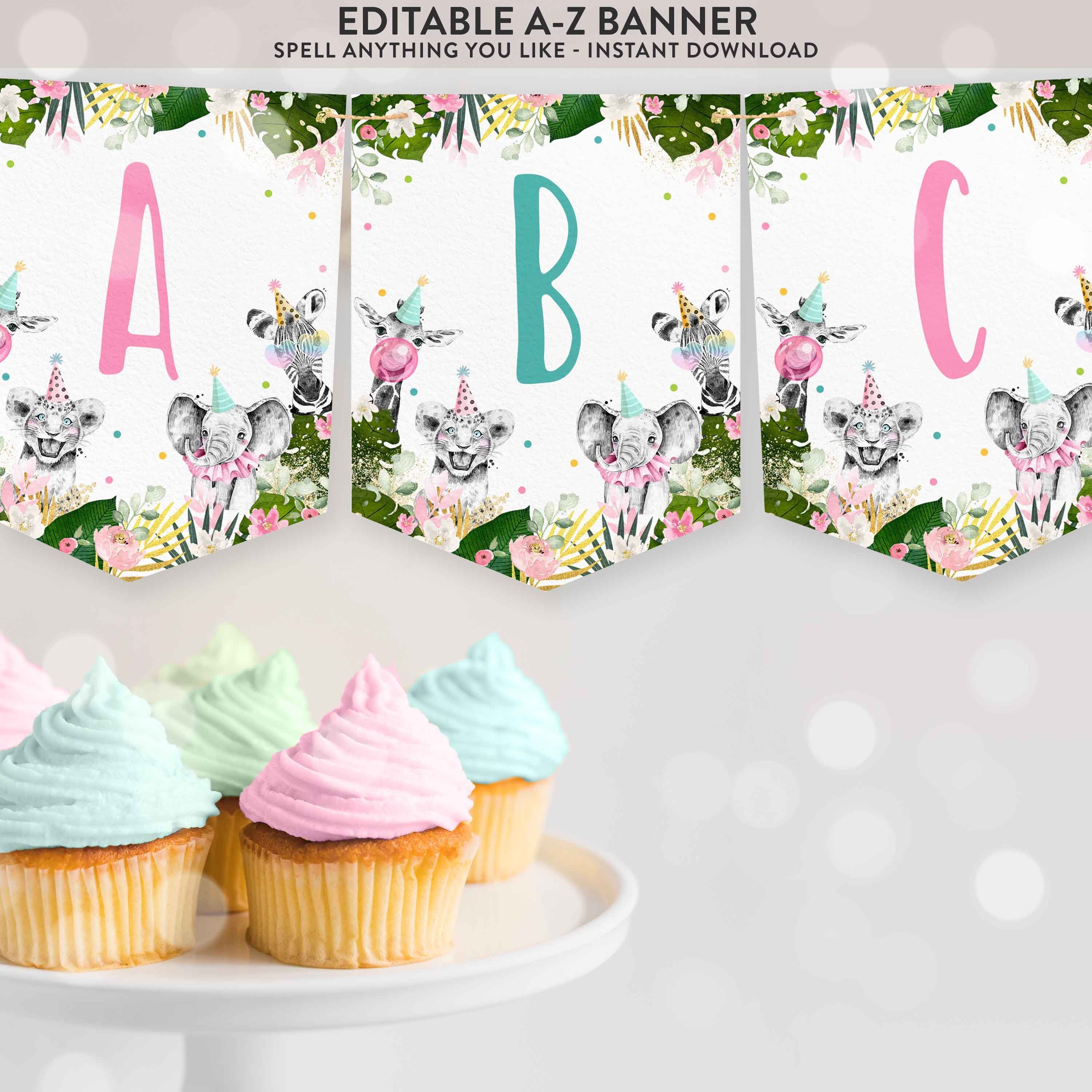 Greeting Cards Editable Safari Animals A-Z Birthday Banner Pink Safari ...