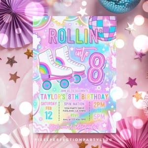Editable Roller Skating 8th Birthday Party Invitation Rollin' Into ...