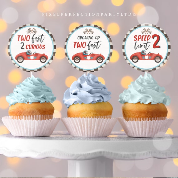 Two Fast Birthday Cupcake Toppers Red Race Car Cake Topper Tags Label ...