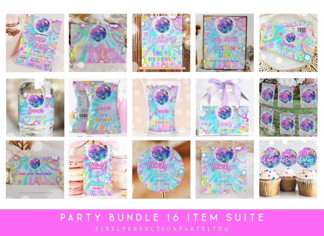 Editable Dance Birthday Party Invitation and Bundle Tie Dye Neon Glow ...