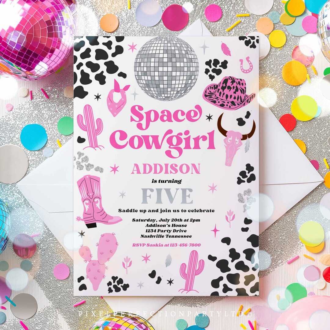 Editable Space Cowgirl Birthday Party Invitation Pink Disco Cowgirl ...