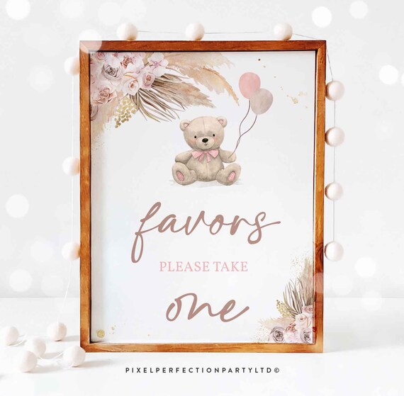 Boho Teddy Bear Baby Shower Favor Sign Bohemian Pampas Grass Pink Girl ...