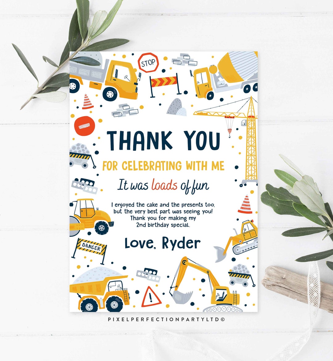 Editable Construction Thank You Card Dump Truck Digger Excavator ...