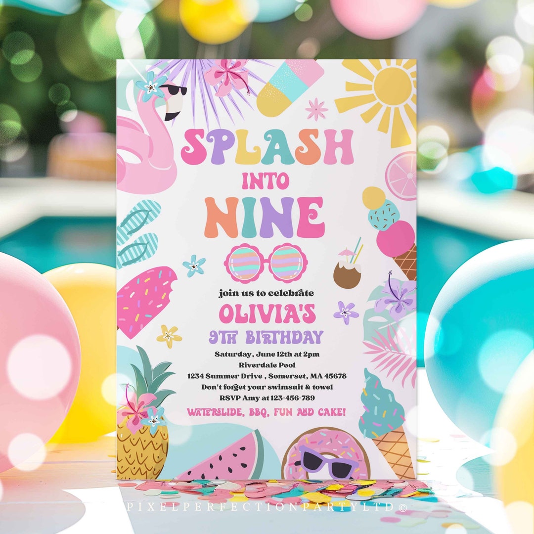 Editable Splash Into Nine 9th Birthday Pool Party Invitation Tropical ...