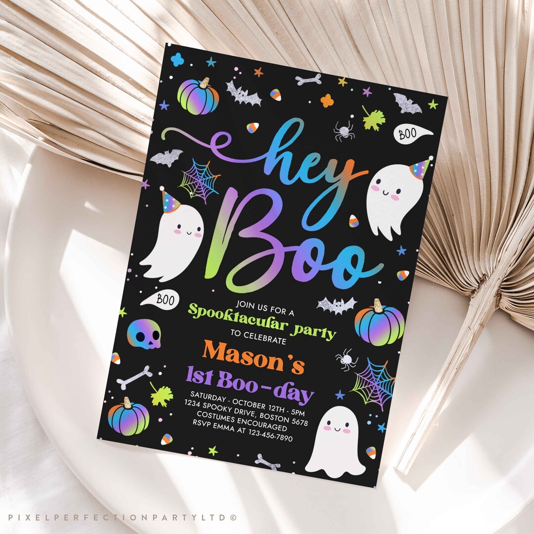 Editable Halloween Boy Ghost Birthday Invitation Hey Boo Cute Blue ...