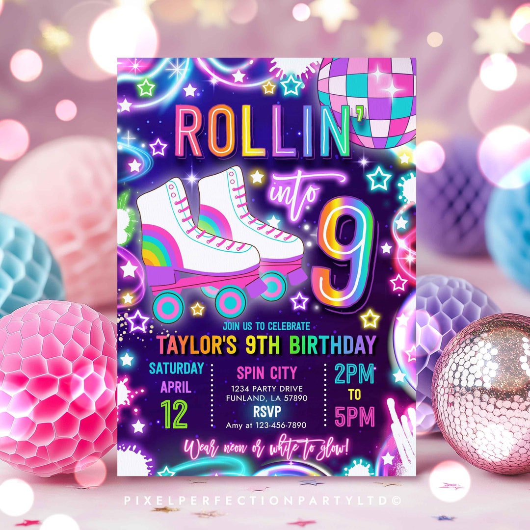 Editable Roller Skating 9th Birthday Party Invitation Rollin' Into Nine Neon Glow Skating Party ...