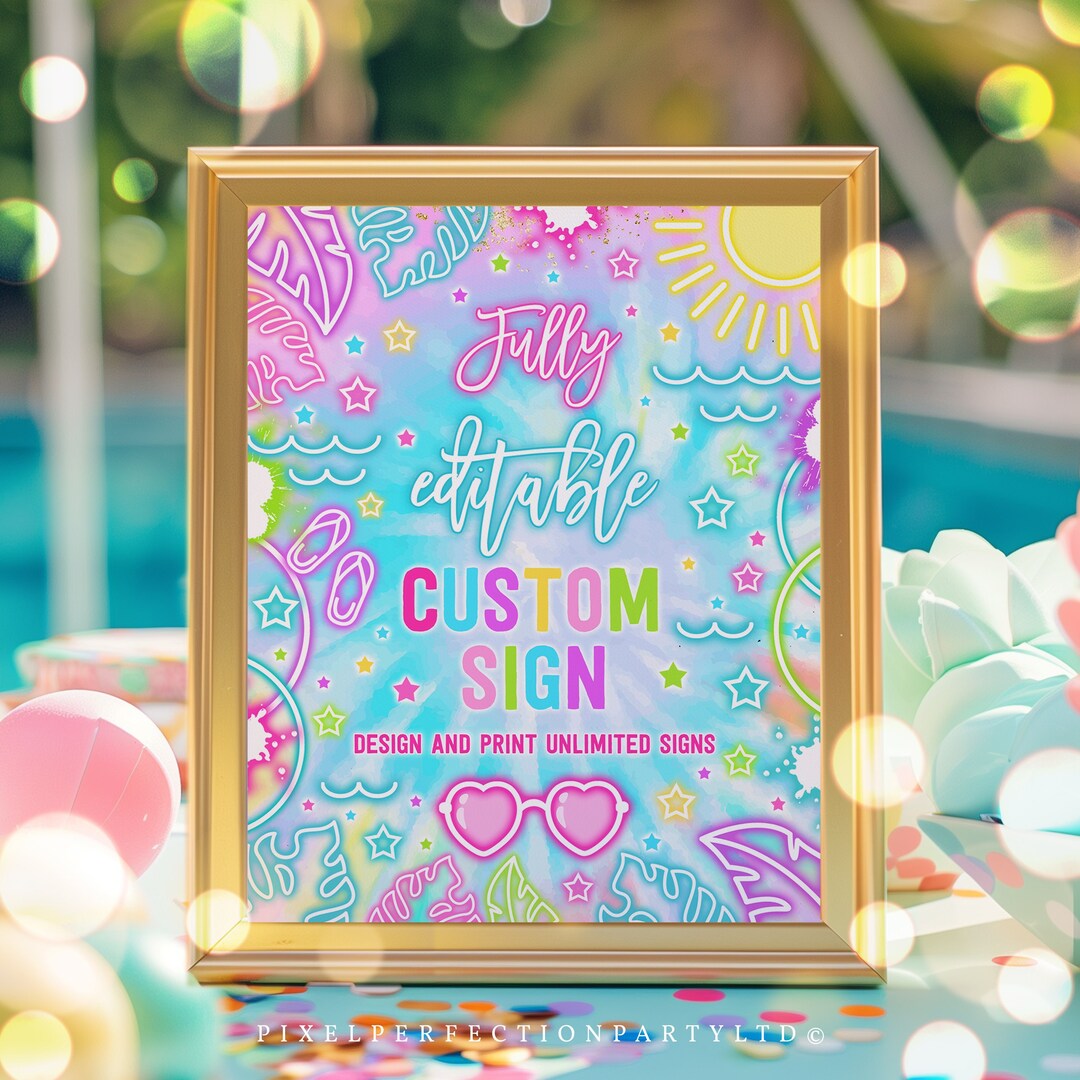 Editable Pool Party Custom Table Sign Tropical Neon Splish Splash Girly ...