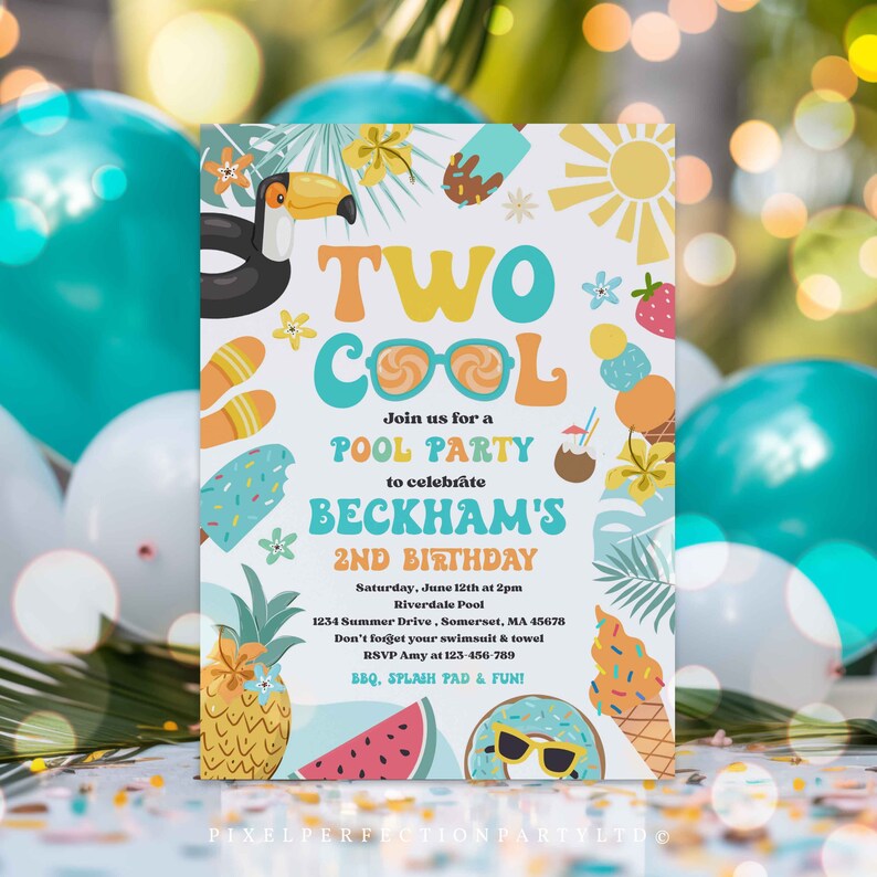 Editable Two Cool Birthday Party Invitation Tropical Splish Splash ...