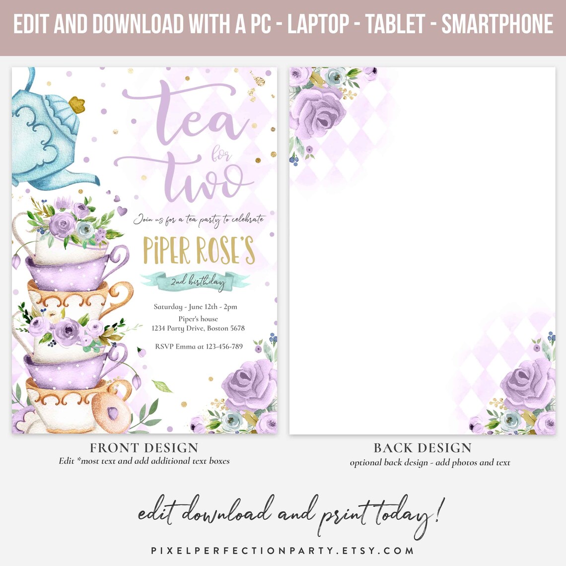 Editable Tea for Two Birthday Invitation Tea for Two 2nd - Etsy