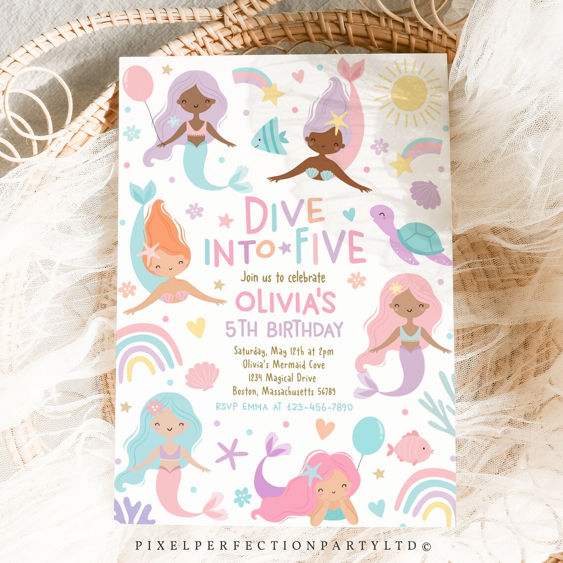 Editable Mermaid Dive Into Five Birthday Party Invitation Cute ...