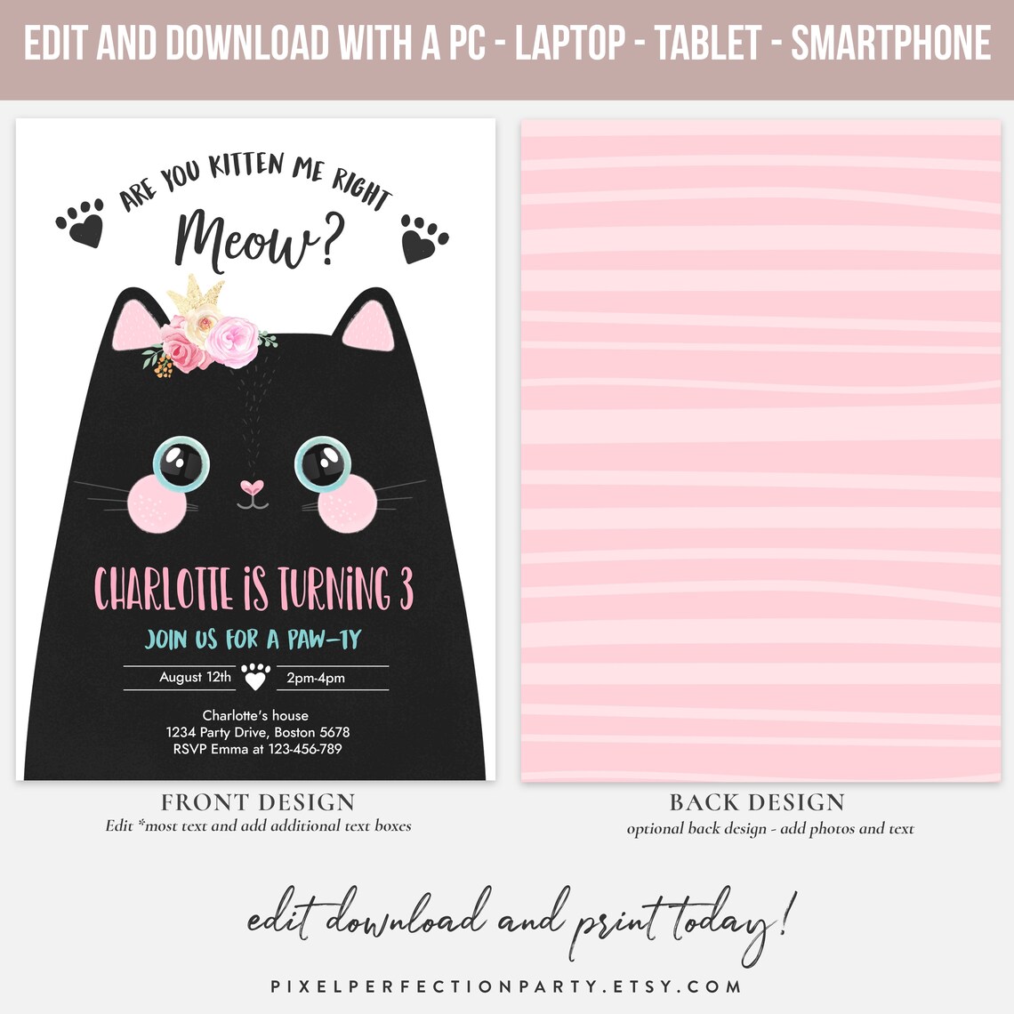 Editable Kitten Birthday Invitation Cat Birthday Party | Etsy