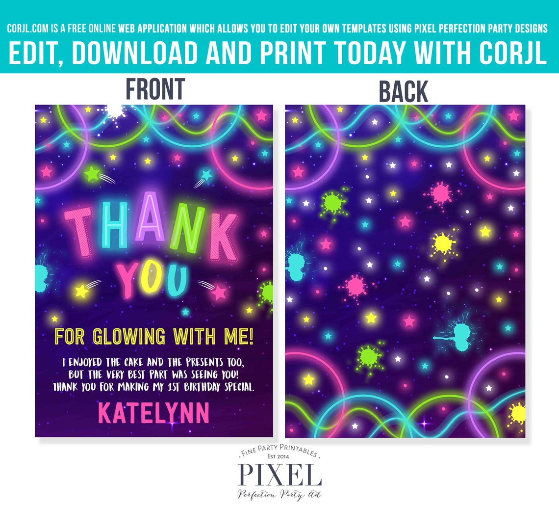 Editable Glow Birthday Thank You Card Neon Glow Thank You Card | Etsy UK