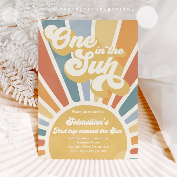 Editable Sunshine 1st Birthday Invitation Boho Retro Muted Tones ...