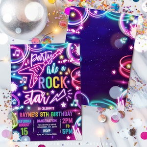 Editable Rock Star Birthday Party Invitation Neon Glow Party Like A ...