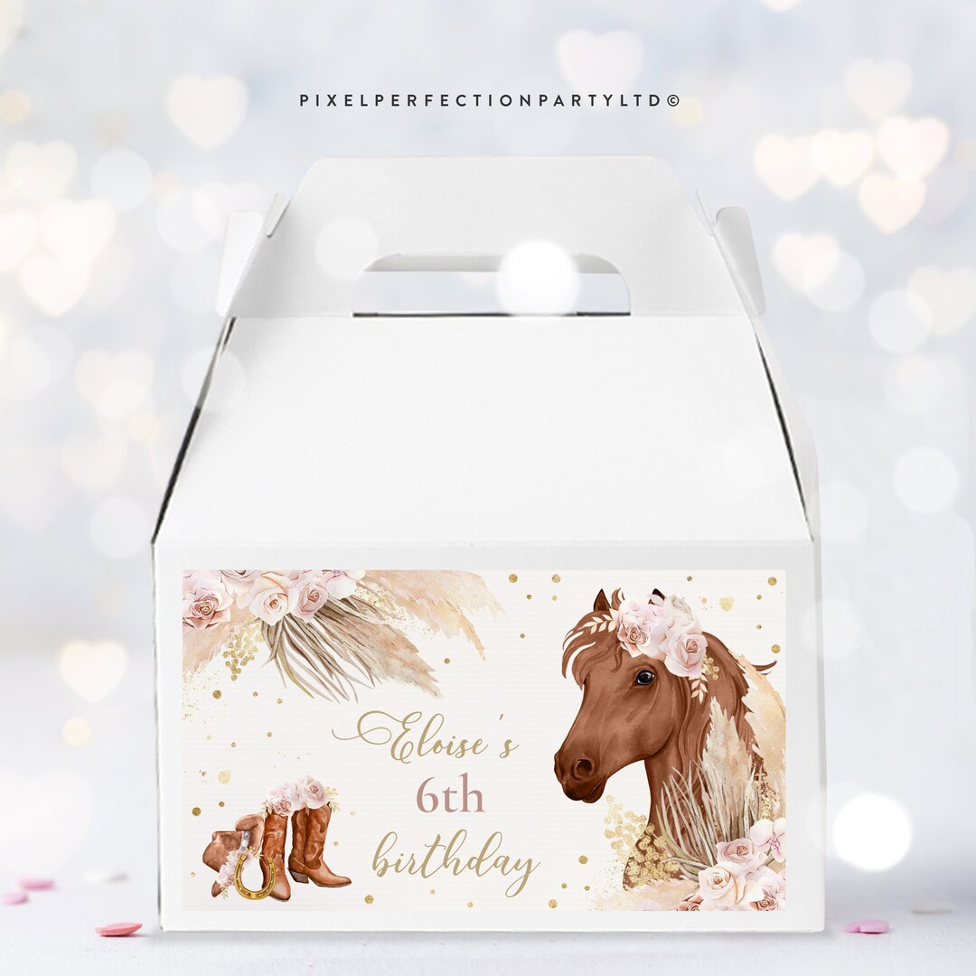 Editable Horse Birthday Party Gable Box Favor Labels Muted Pink Boho ...