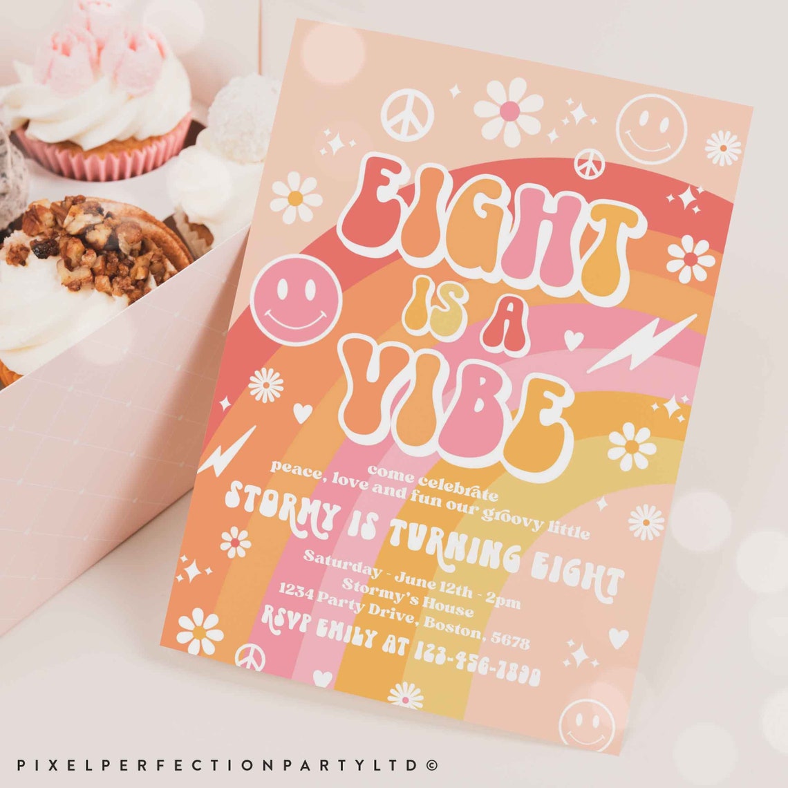 Editable Eight is A Vibe Groovy Birthday Party Invitation - Etsy