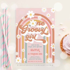 Editable One Groovy Girl Birthday Party Invitation Orange Pink Yellow ...