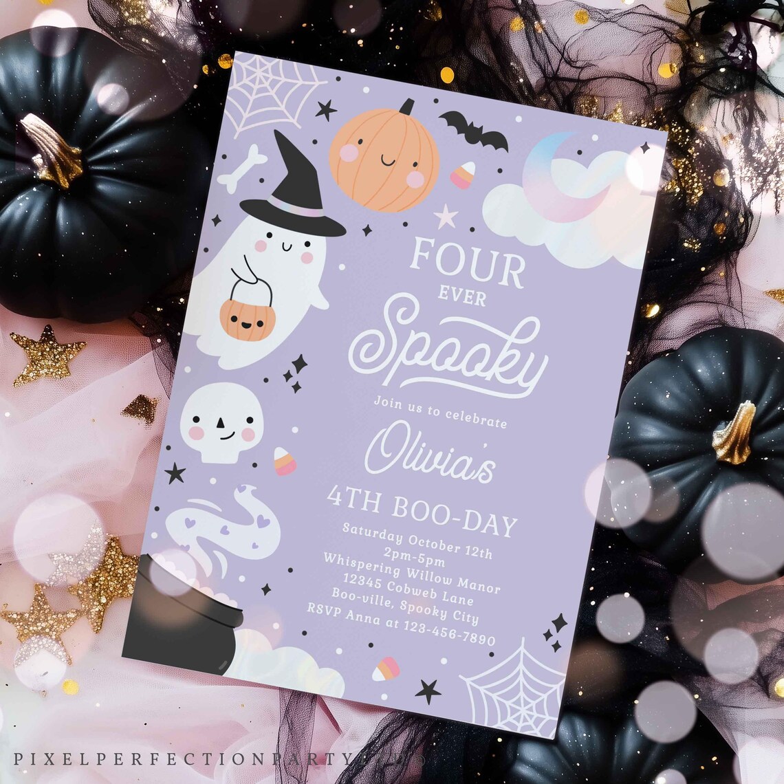 Editable Four Ever Spooky Halloween Ghost 4th Birthday Party Invitation ...