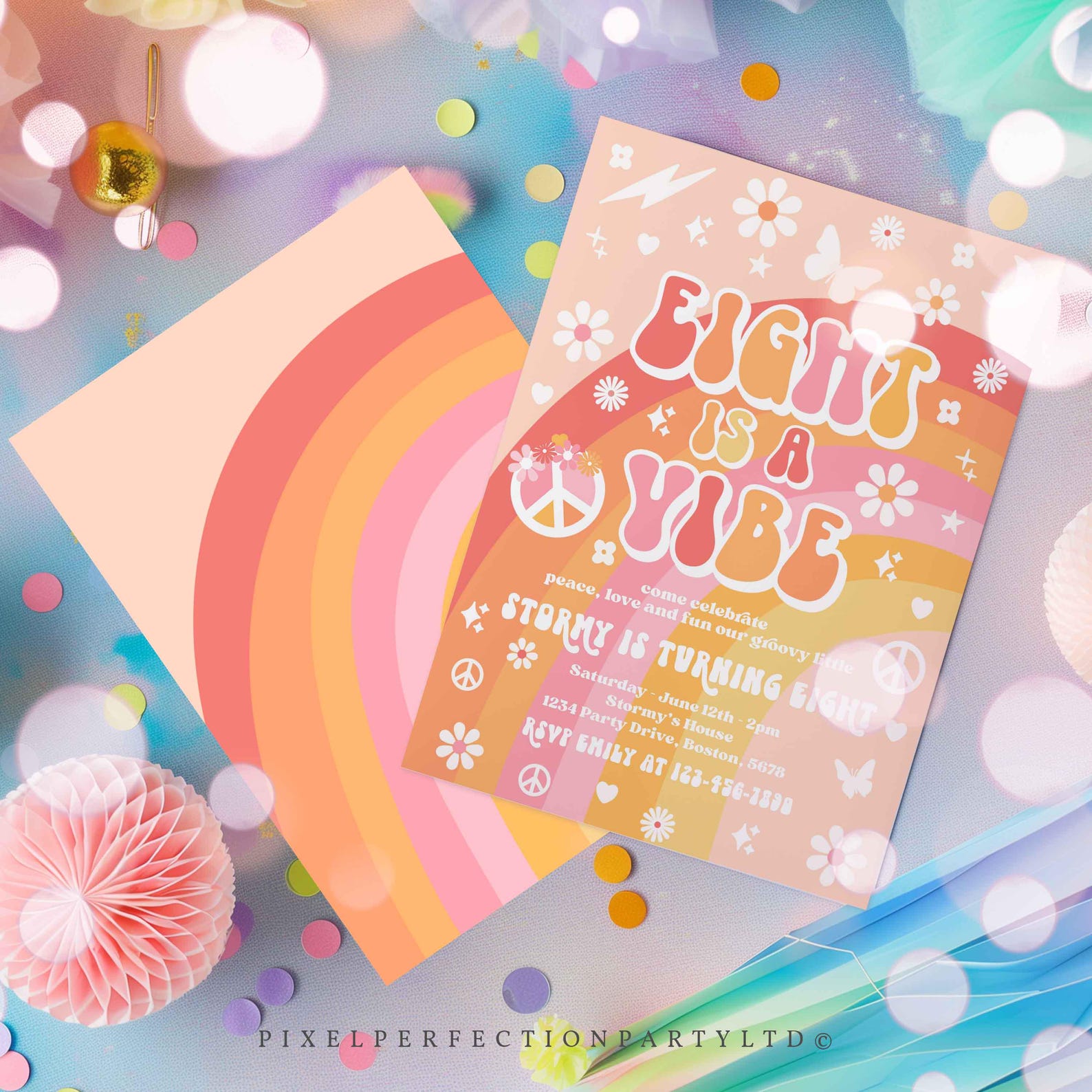 Editable Eight is A Vibe Groovy Birthday Party Invitation Peace Love ...