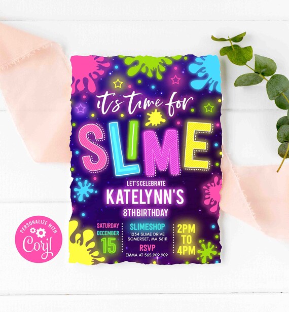 Editable Slime Invitation Glow Slime Invitation Neon Slime Birthday ...