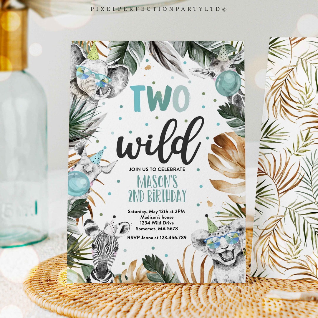 Editable Two Wild Birthday Invitation Safari Animals Invitation Two ...