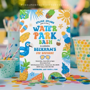 Editable Water Park Birthday Party Invitation Tropical Splish Splash ...