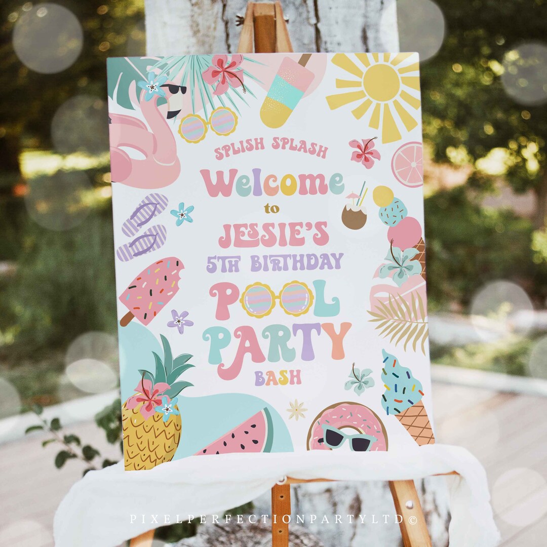 Editable Pool Party Welcome Sign Tropical Splish Splash Girly Pool ...