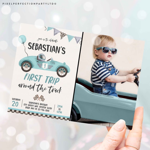 Editable Race Car 1st Birthday Invitation First Trip Around The Track ...