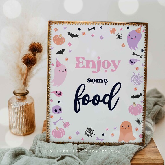 Cute Pink Halloween Ghost Party Sign Ghost Enjoy Some Food Table Sign ...