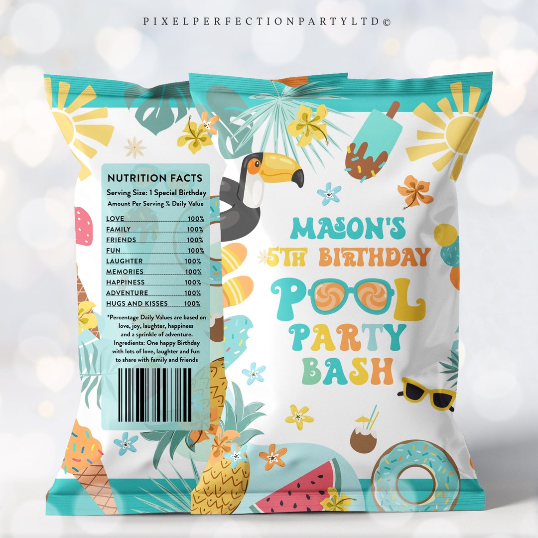 Editable Pool Party Chip Bag Wrapper Tropical Toucan Pool Float Pool ...